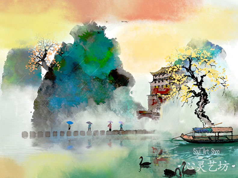 蓝色山水 春意盎然 _心灵艺坊-站酷ZCOOL