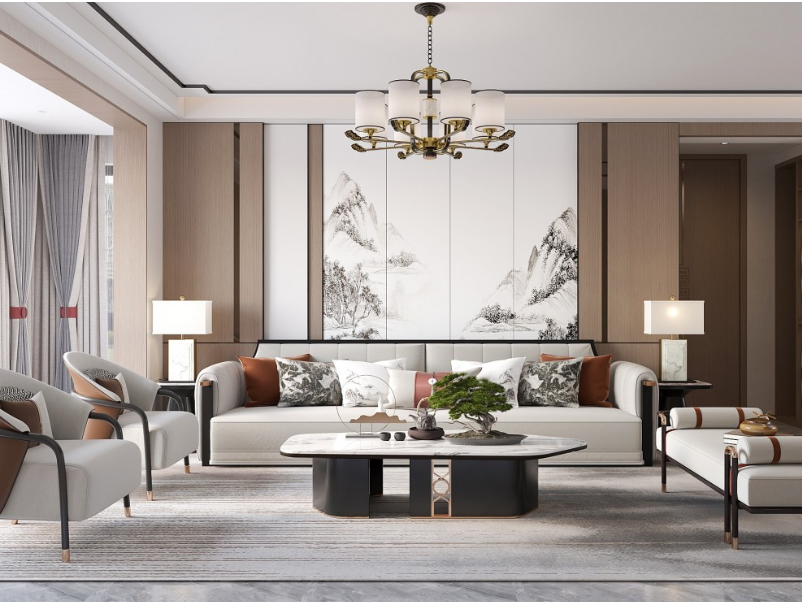 新中式风格客餐厅效果图设计_王彤ing-站酷ZCOOL