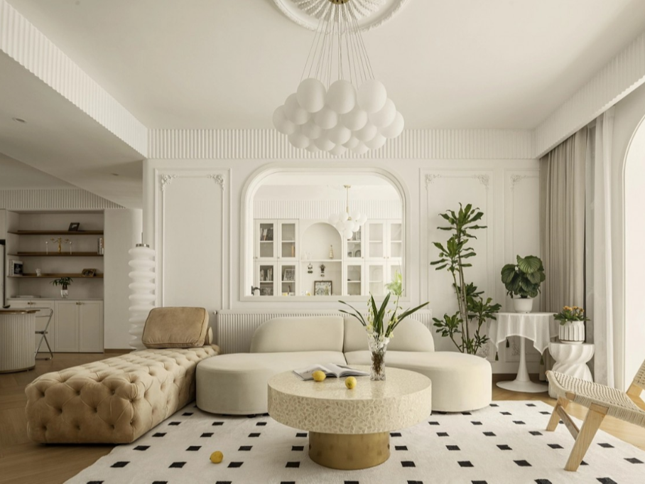 法式简约奶油风格客餐厅效果图_王彤ing-站酷ZCOOL