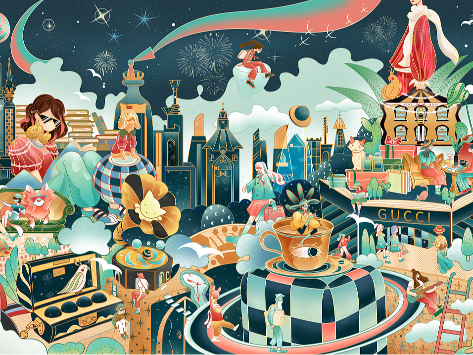 GUCCI 星空摩登都市商场插画_丑魚Tt-站酷ZCOOL