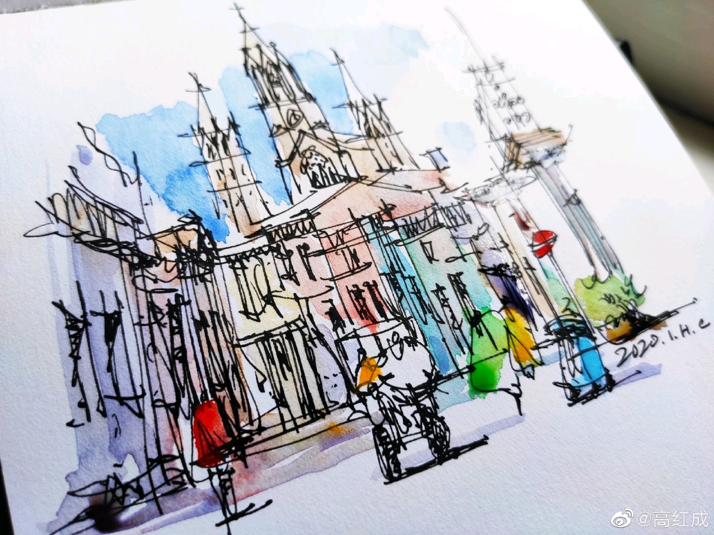 钢笔淡彩建筑风景速写_钢笔淡彩建筑风景-站酷ZCOOL