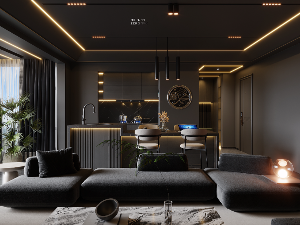 暗黑风格客餐厅厨房_zero一two-站酷ZCOOL