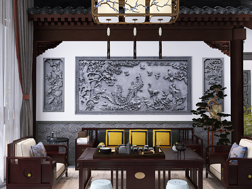 百鸟朝凤中式会客厅_tyzd-站酷ZCOOL