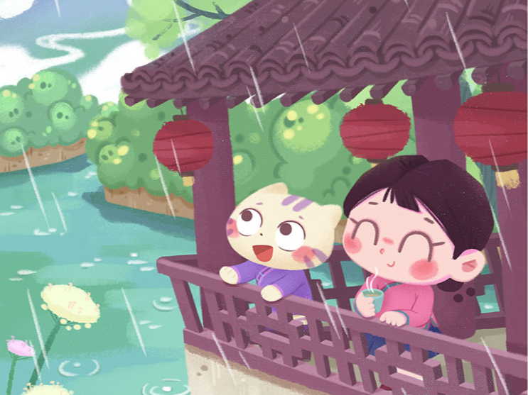 雨水插画||喝茶赏雨||节气海报_海盗巧-站酷ZCOOL