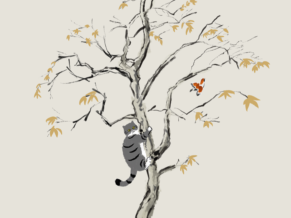 猫咪爬树国画_Kevin_PengPeng-站酷ZCOOL