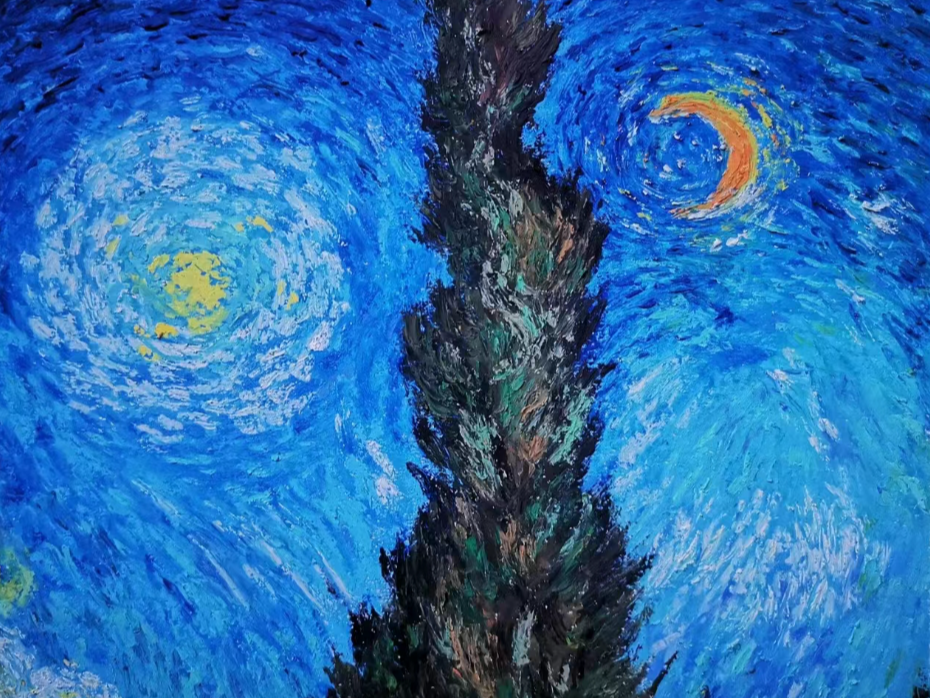 油画棒 梵高 星空下的丝柏树_纳格兰的风丨-站酷ZCOOL
