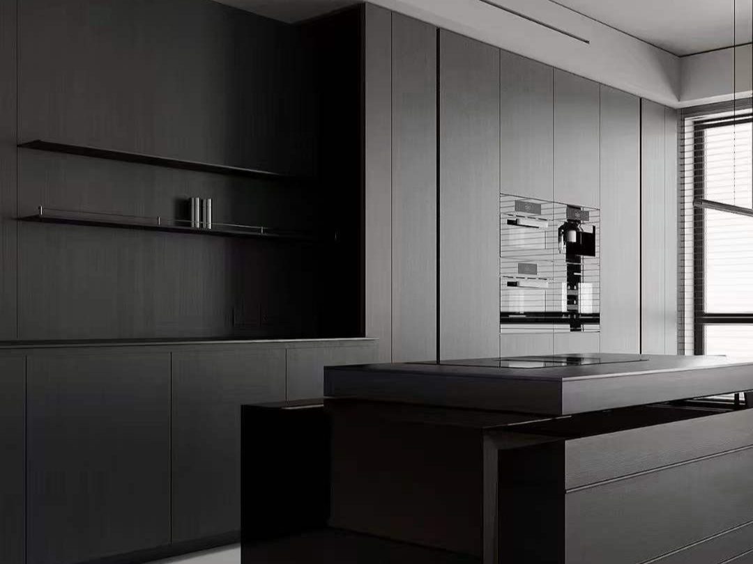 现代深色的柜体与黑色家电呈现出一种优雅的沉静美感。_梁欣婧-站酷ZCOOL