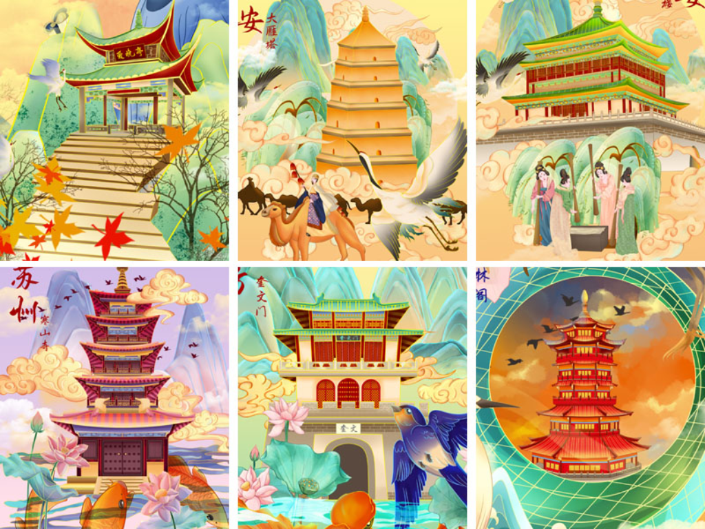 国风城市建筑插画系列_mantou馒头-站酷ZCOOL