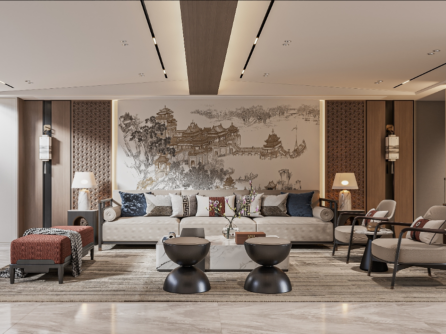新中式风格客餐厅效果图表现_王彤ing-站酷ZCOOL