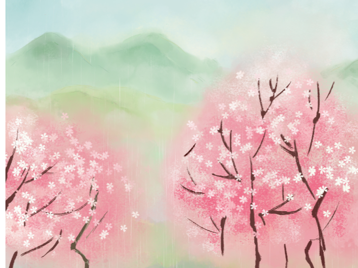 水彩插画春分节气-江南烟雨桃花_njmumetc-站酷ZCOOL