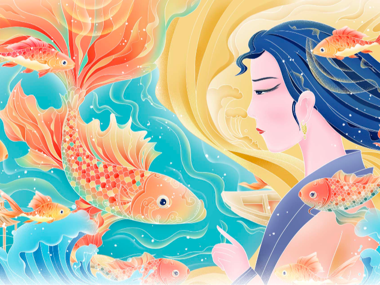 清新国潮风女子和鱼唯美国风插画_萌鸦创意-站酷ZCOOL