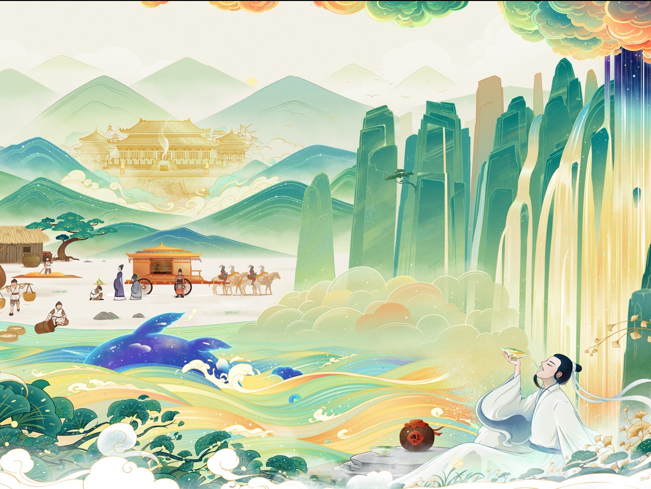 国潮包装插画·酒《庐山瀑布/诗中酒·酒中仙》_S喵野-站酷ZCOOL