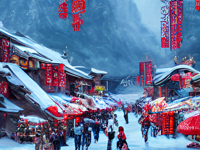 #AI创作实验室#远景雪山，中景小镇，集市，特写商贩_ld_rokr-站酷ZCOOL