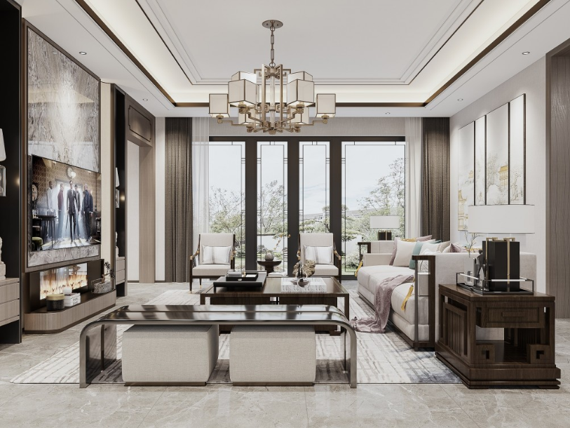 新中式风格客餐厅效果图设计_王彤ing-站酷ZCOOL