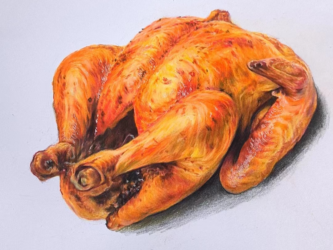 彩铅手绘美食 # 一只躺平的烧鸡_蓝博兔-站酷ZCOOL