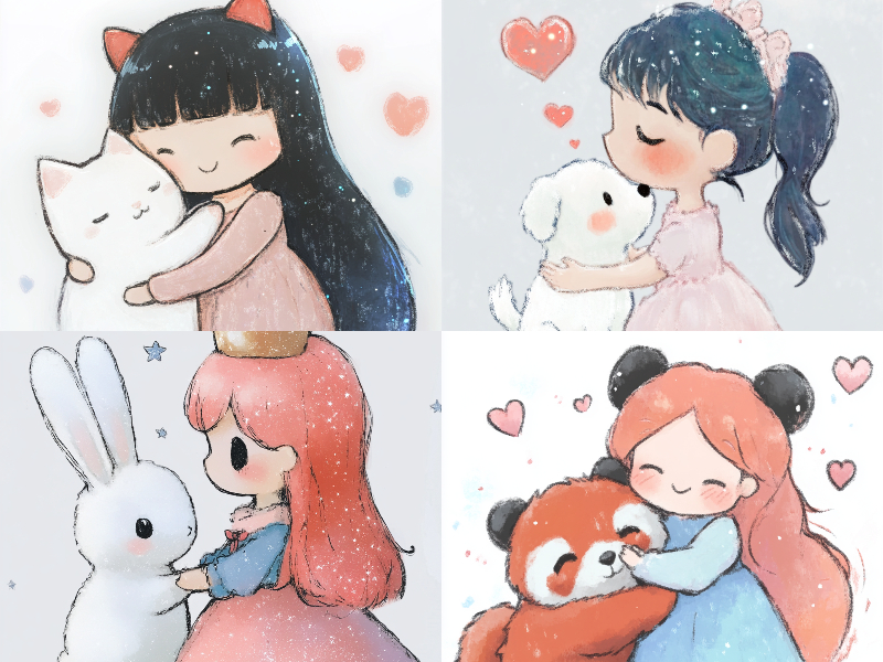 蜡笔艺术风格女孩和小动物_蛋蛋111111-站酷ZCOOL