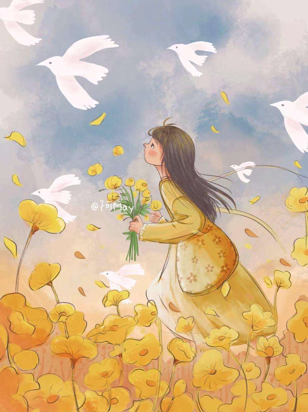 飞鸟与女孩_阿May插画-站酷ZCOOL
