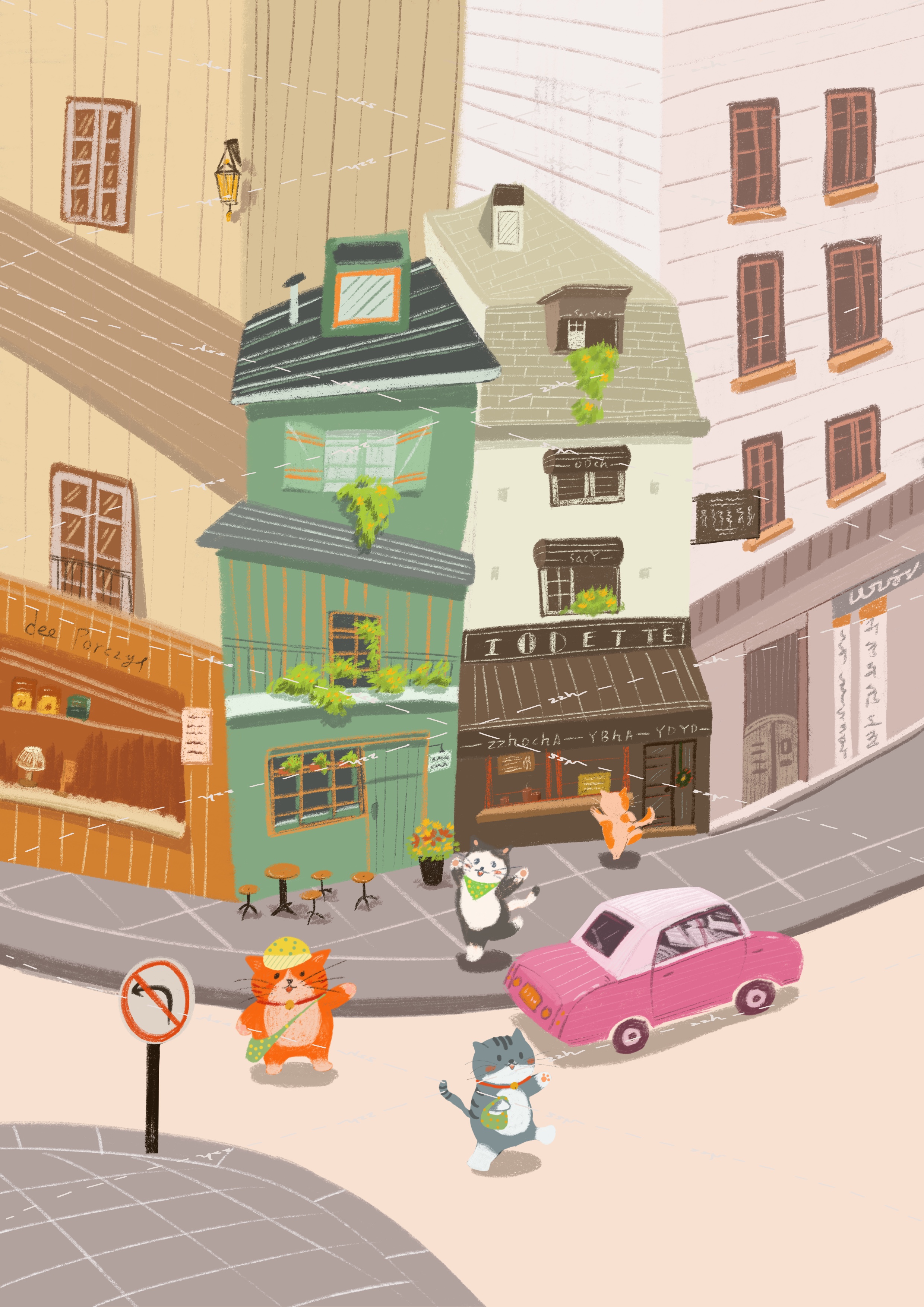 猫猫街道（扁平风插画）_比木-站酷ZCOOL