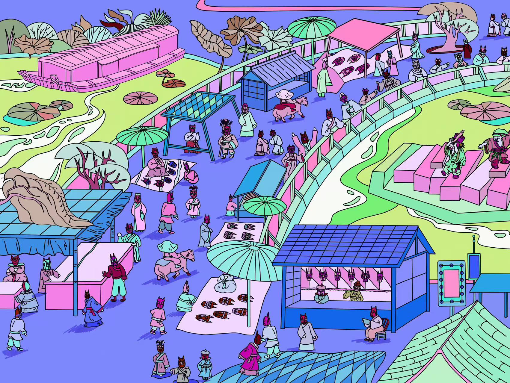 手绘插画 | 傩舞艺术市集：民俗研究与传承（冷调）_画师ELAIN-站酷ZCOOL