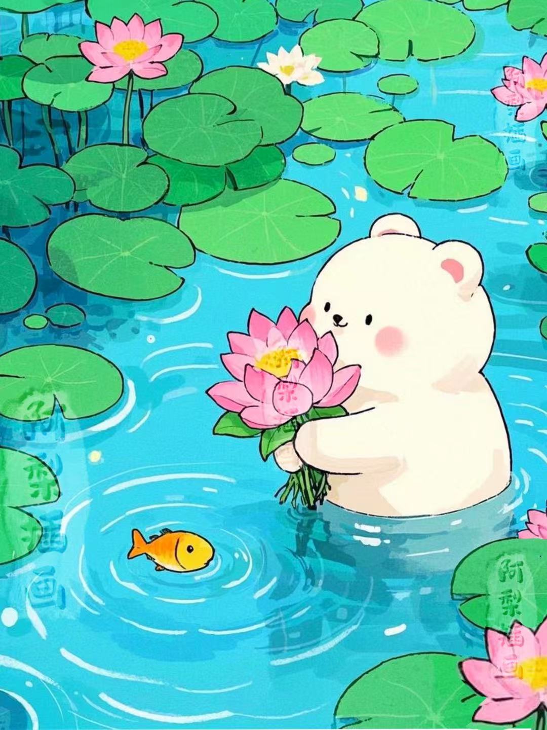 治愈系插画 荷花小熊_阿梨插画-站酷ZCOOL