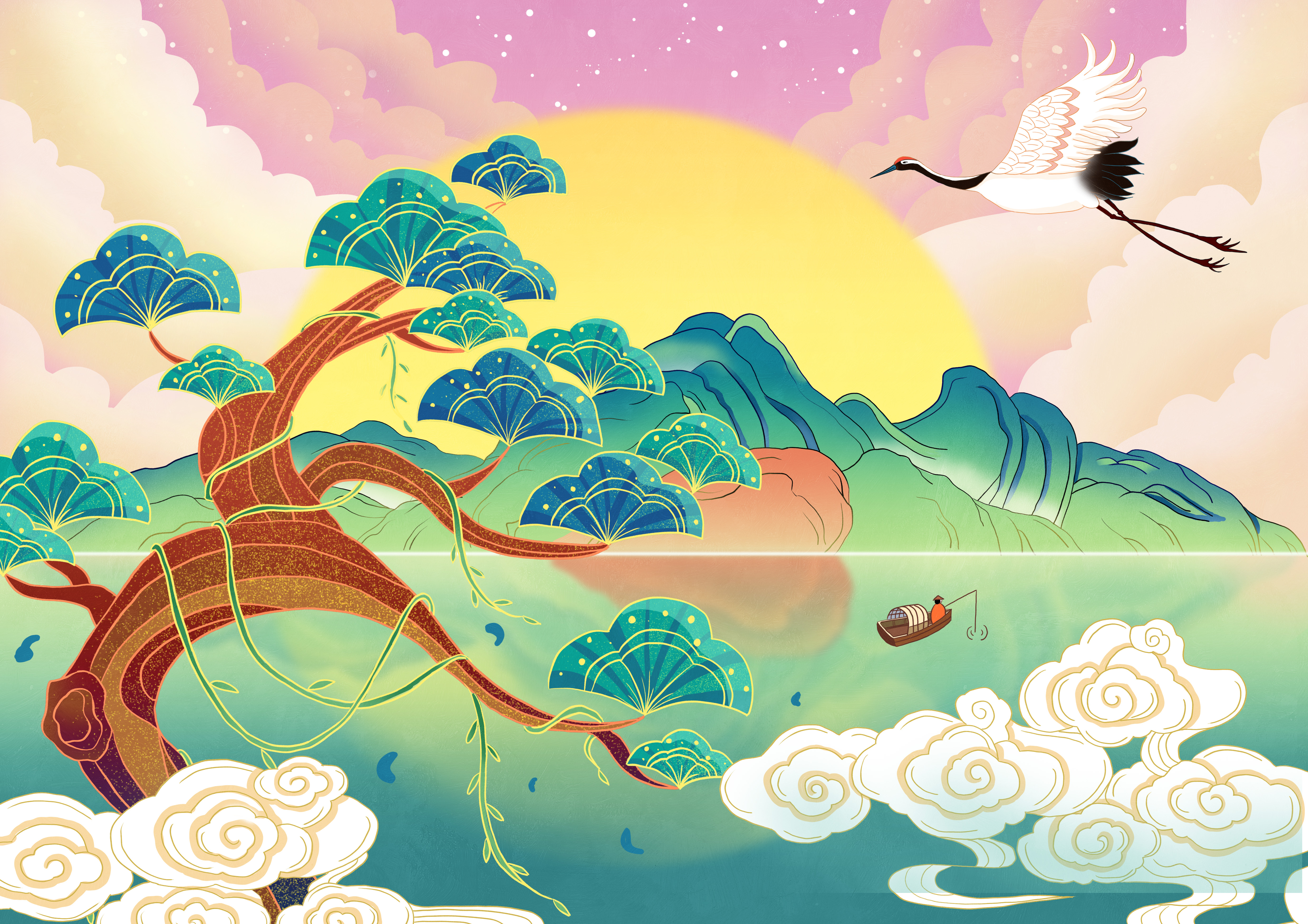 明月照青松国风插画_神之羔羊-站酷ZCOOL