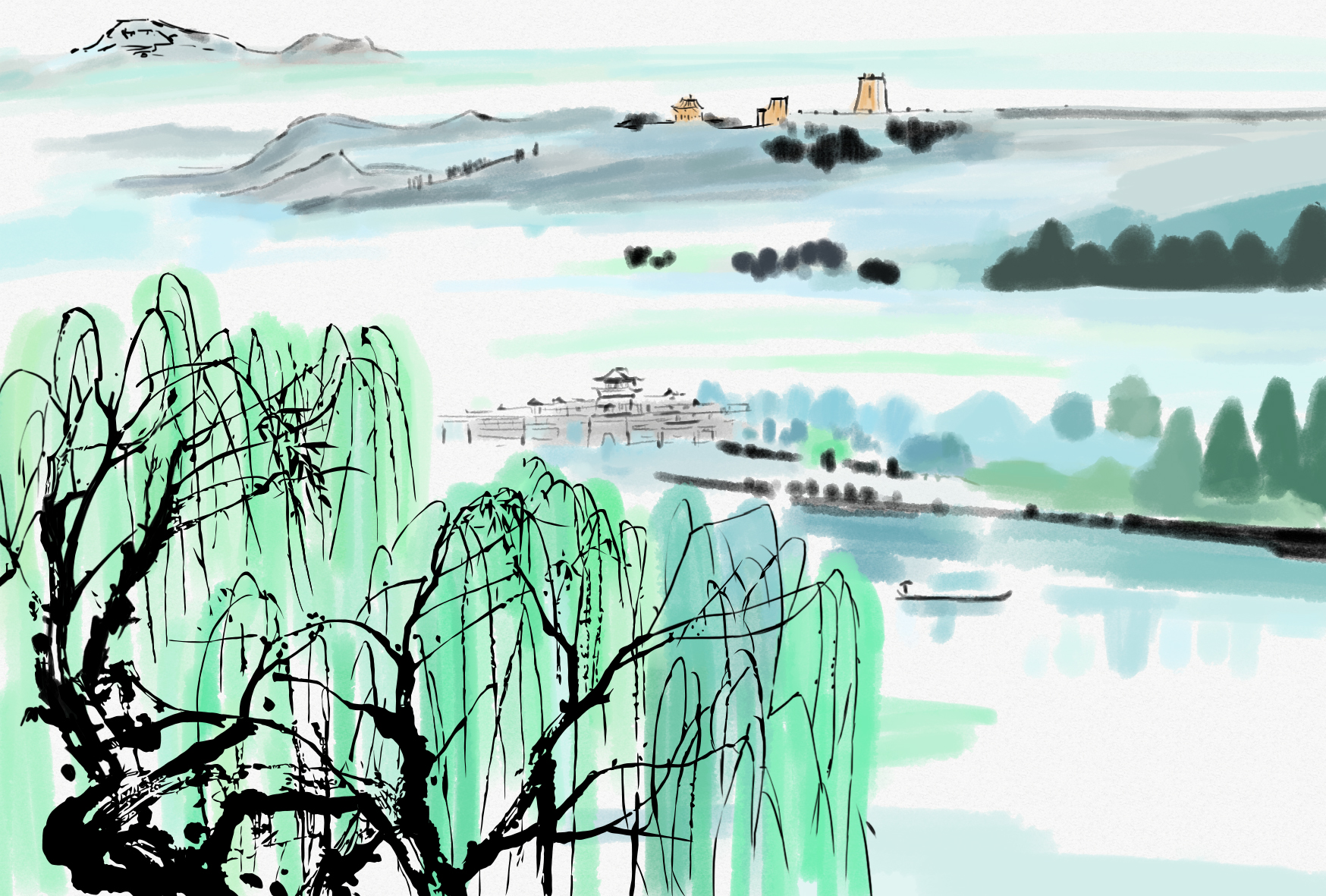 烟柳水墨画_维生素BD-站酷ZCOOL