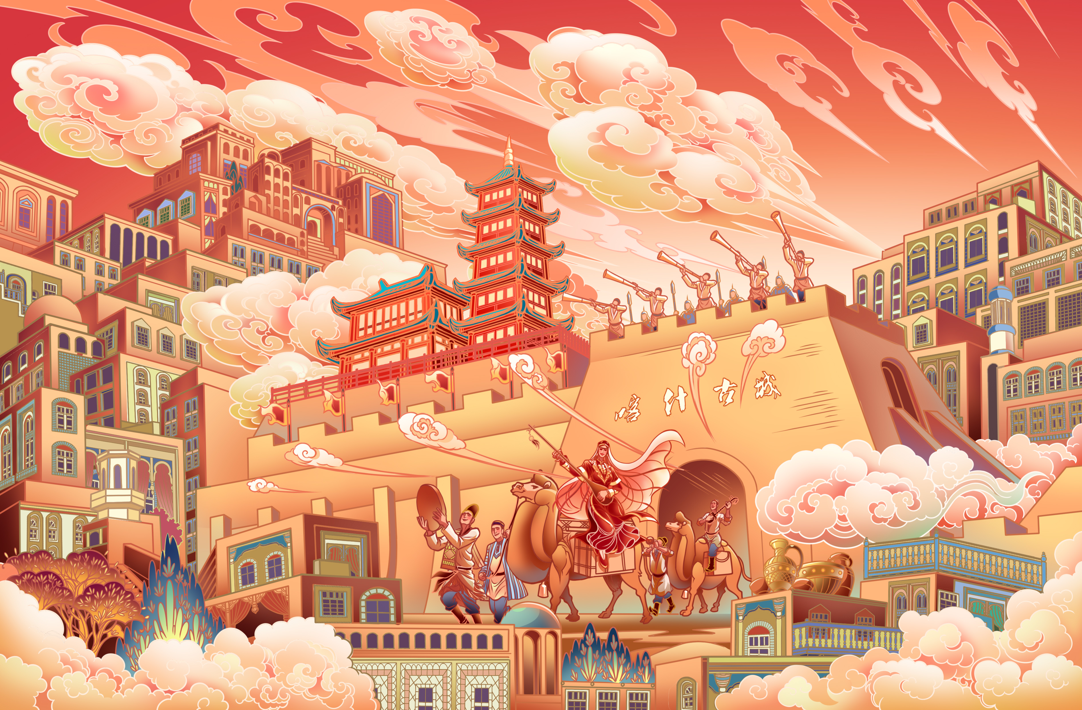 国家5A级景区-喀什古城气韵飞扬-旅游礼物礼盒插画_tuteng000001-站酷ZCOOL