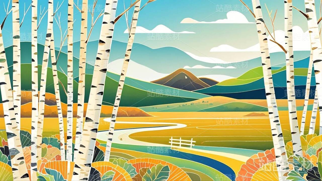 草原白桦树背景插画_waakon_站酷素材-设计元素_背景-站酷ZCOOL
