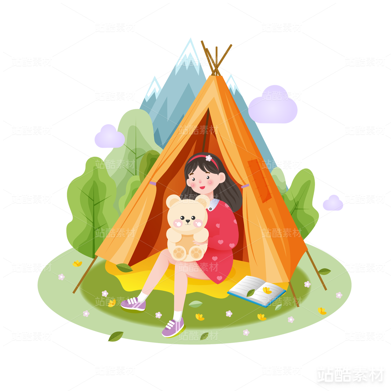 卡通女孩露营帐篷春游矢量扁平插画场景_魂淡HUNDAN_素材库大全-站酷ZCOOL