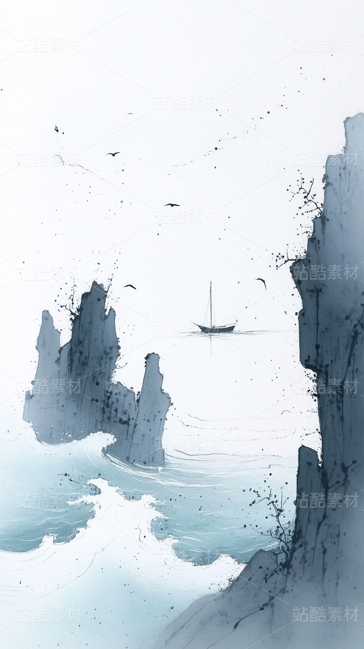中国传统水墨画国画极简主义海中孤舟_Rechryya_素材库大全-站酷ZCOOL
