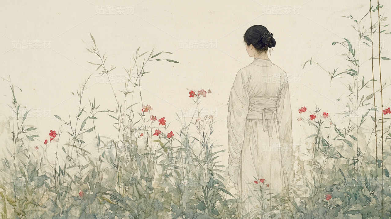 中国传统水墨画国画工笔画穿汉服的女子的欣赏花_Rechryya_素材库大全-站酷ZCOOL