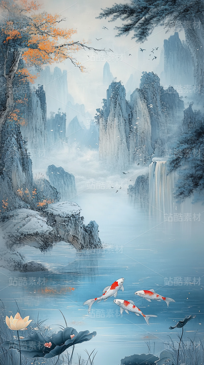中国传统水墨画国画工笔画锦鲤在池塘游动_Rechryya_素材库大全-站酷ZCOOL