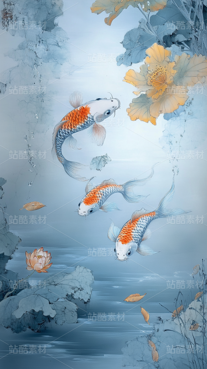 中国传统水墨画国画工笔画锦鲤在池塘游动_Rechryya_站酷素材-图片_插画-站酷ZCOOL