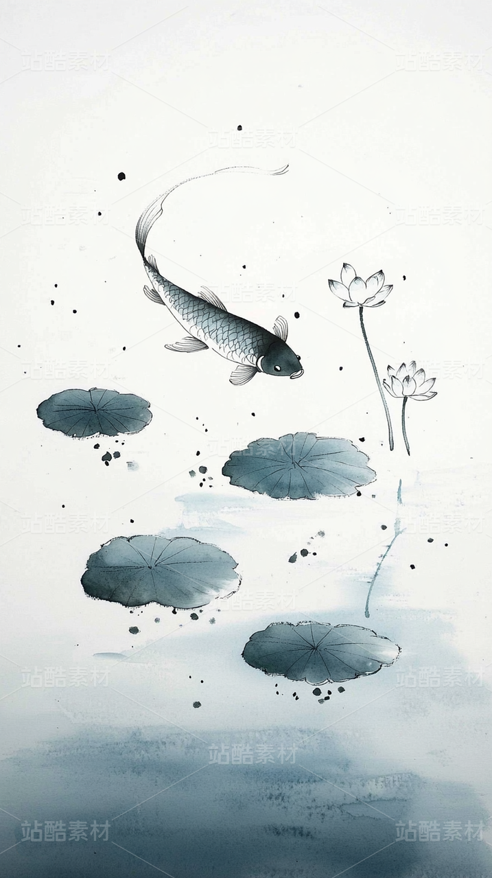 中国传统水墨画国画极简锦鲤在池塘游动_Rechryya_素材库大全-站酷ZCOOL