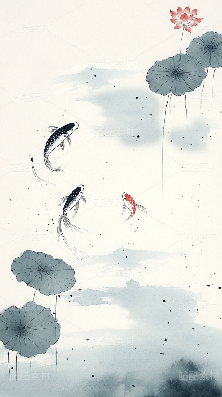 中国传统水墨画国画极简锦鲤在池塘游动_Rechryya_素材库大全-站酷ZCOOL