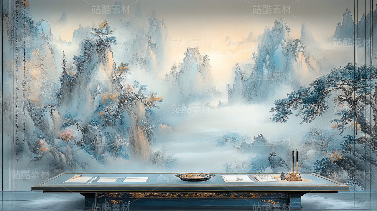 中国传统水墨画国画工笔画古代书房书案文房四宝_Rechryya_素材库大全-站酷ZCOOL