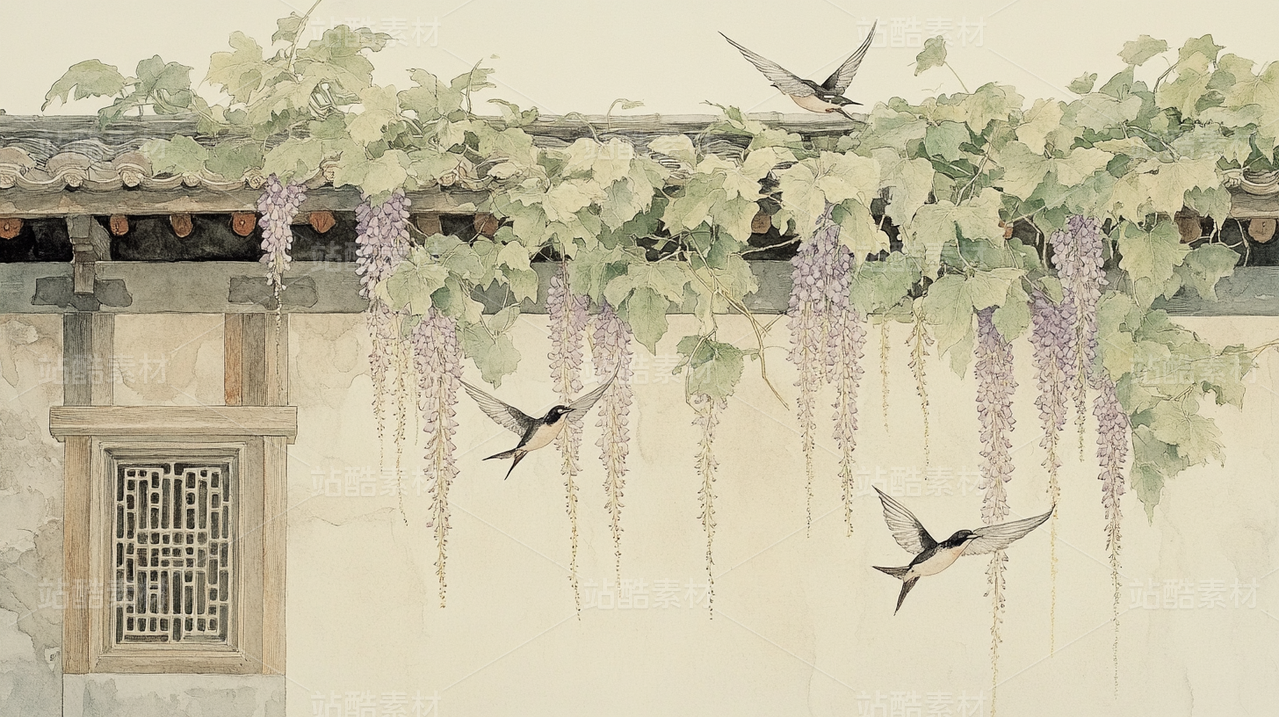 中国传统水墨画国画工笔画紫藤花与燕子_Rechryya_素材库大全-站酷ZCOOL