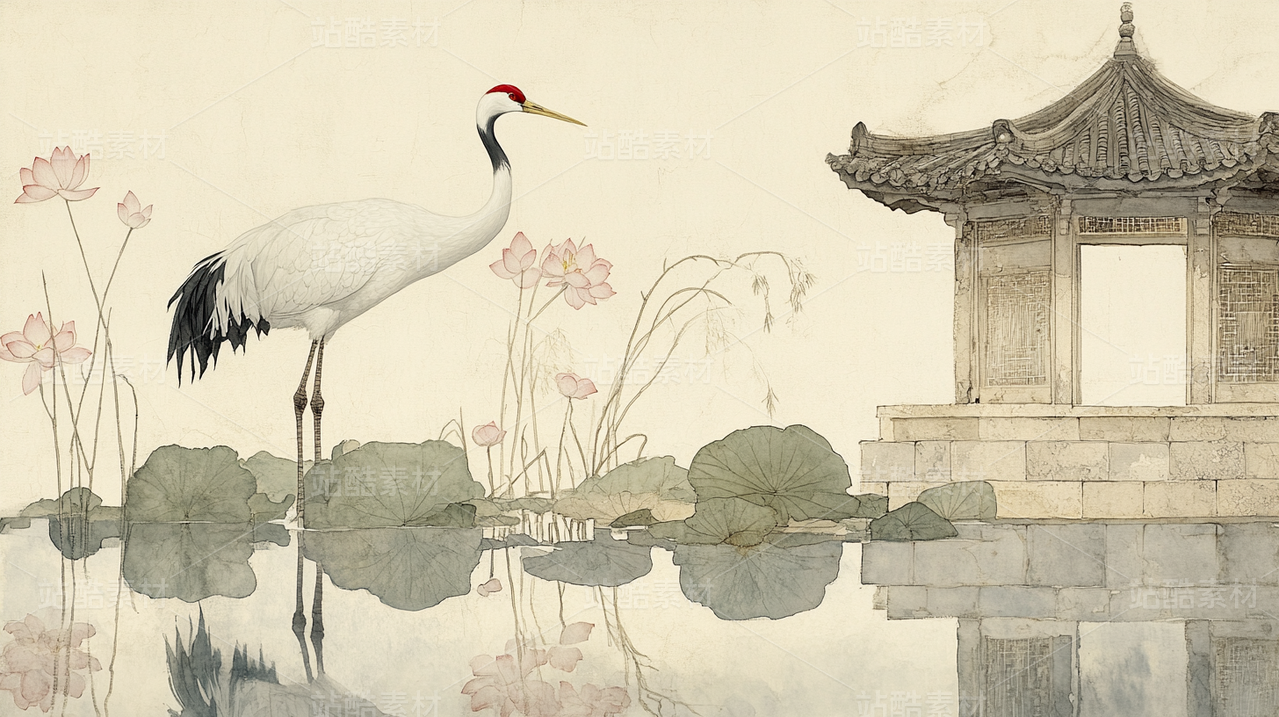 中国传统水墨画国画工笔画白鹤站在荷花池_Rechryya_素材库大全-站酷ZCOOL