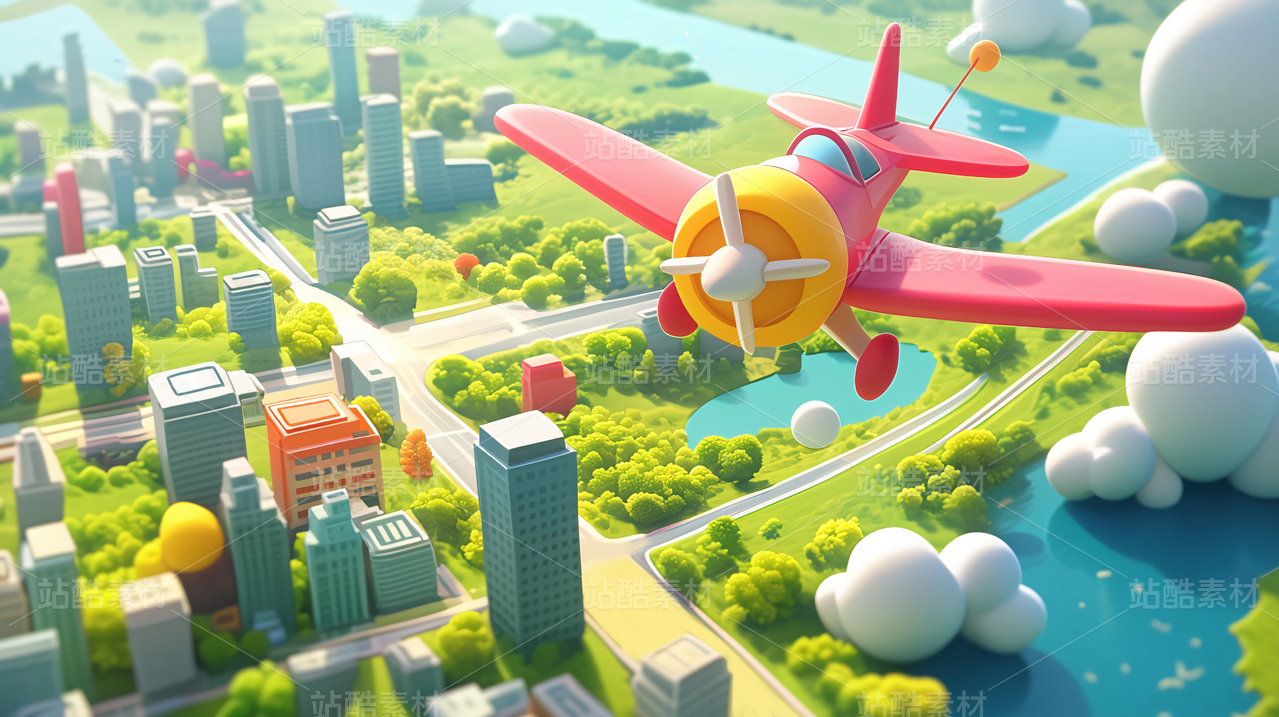 一架卡通飞机飞过城市上空_SYF朝生_素材库大全-站酷ZCOOL